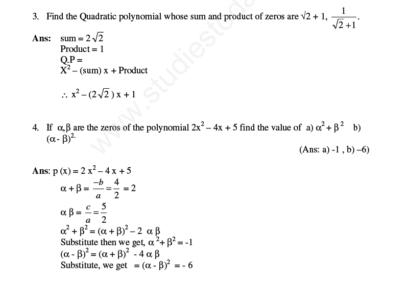 CBSE Class 10 Mathematics Polynomials Assignment Set C